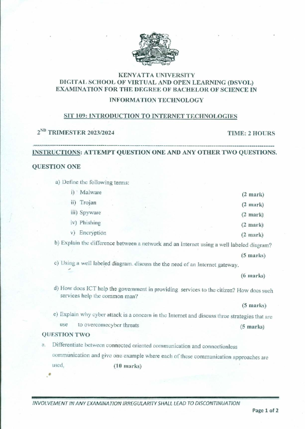 SIT 109: Introduction to Communication - 2nd Trimester Exam Guide - Studocu