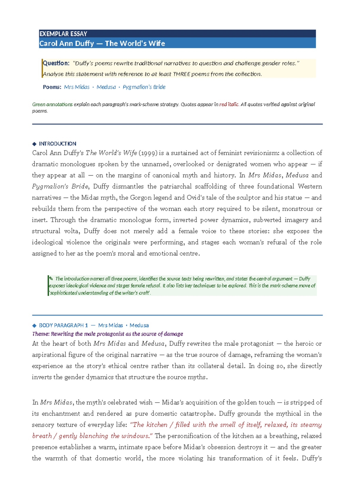 Duffy Exemplar Essay: Analyzing Gender in "The Wife" Collection - Studocu