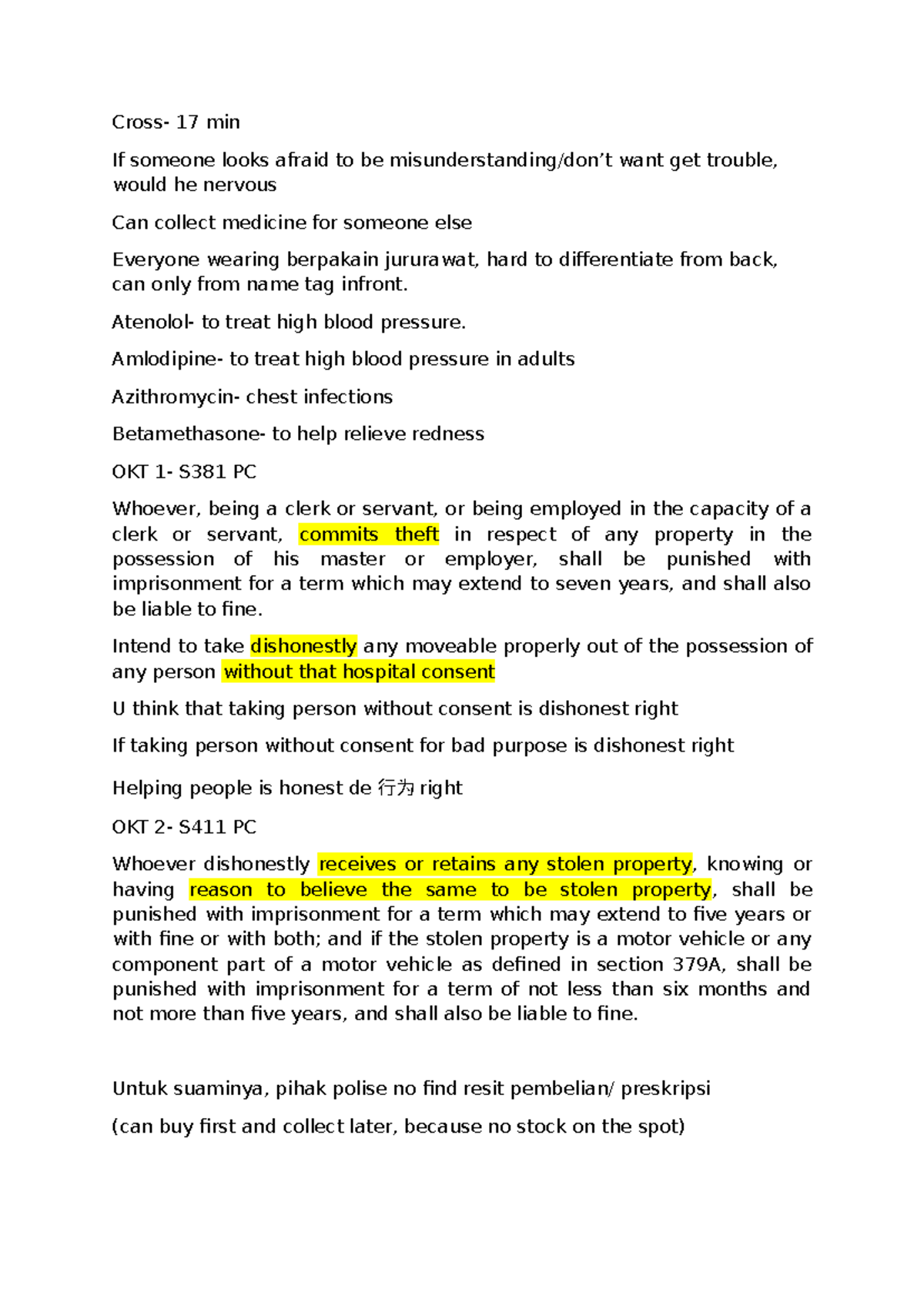 Cross Examination Notes for Case 2 - OKT S381 & S411 - Studocu