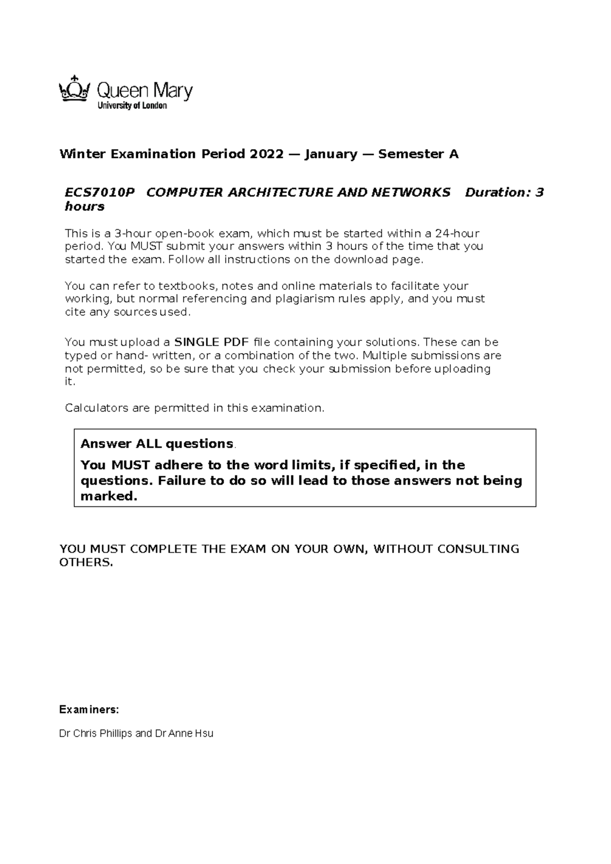 ECS7010P Main 2022 - Exam paper example - Winter Examination Period ...