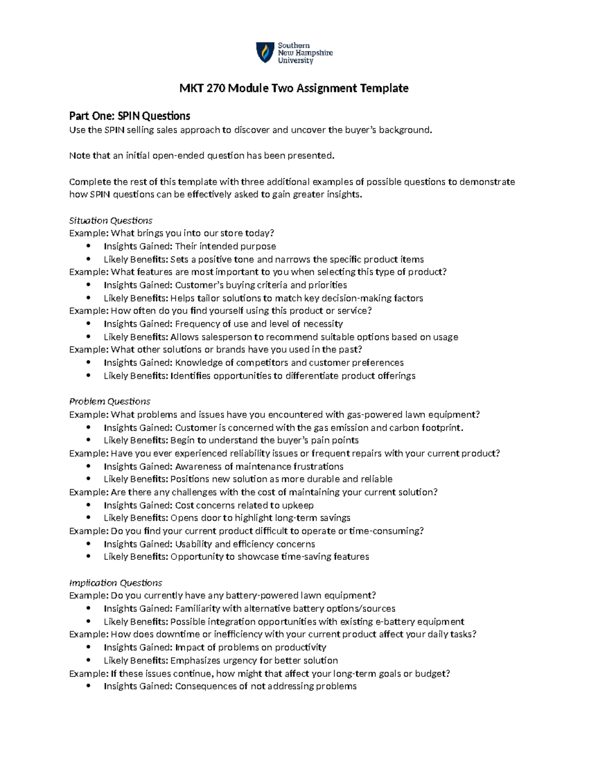 MKT 270 Module Two Assignment: SPIN Selling Questions & Email Draft ...