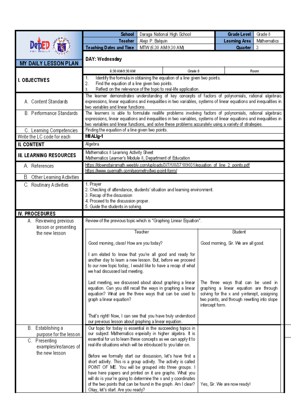 Grade 8 Math Lesson Plan: Finding the Equation of a Line (Q3) - Studocu