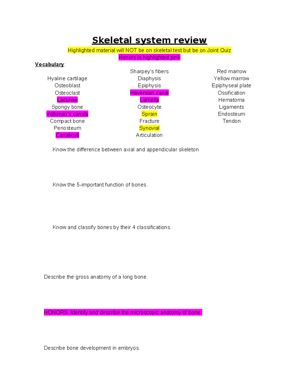 5. Skeletal System Review - Skeletal system review Highlighted material ...