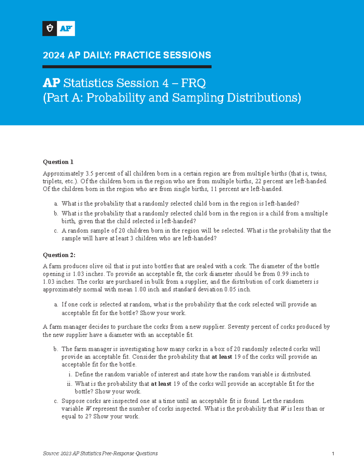 AP Statistics AP Daily Session 4 Worksheet - FRQ Practice (2023) - Studocu