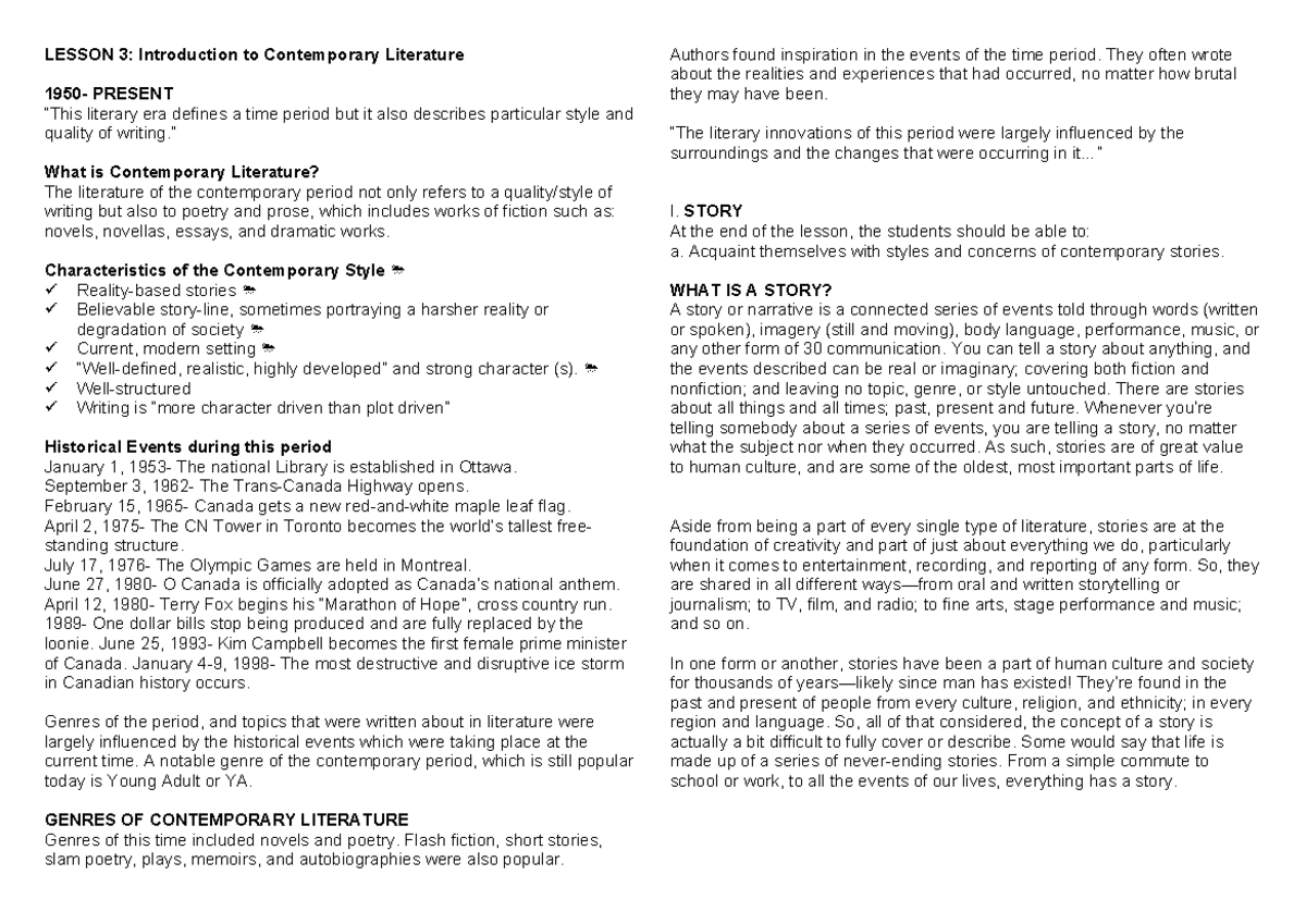 Lesson 3 - Contemporary Literature Overview and Key Characteristics ...