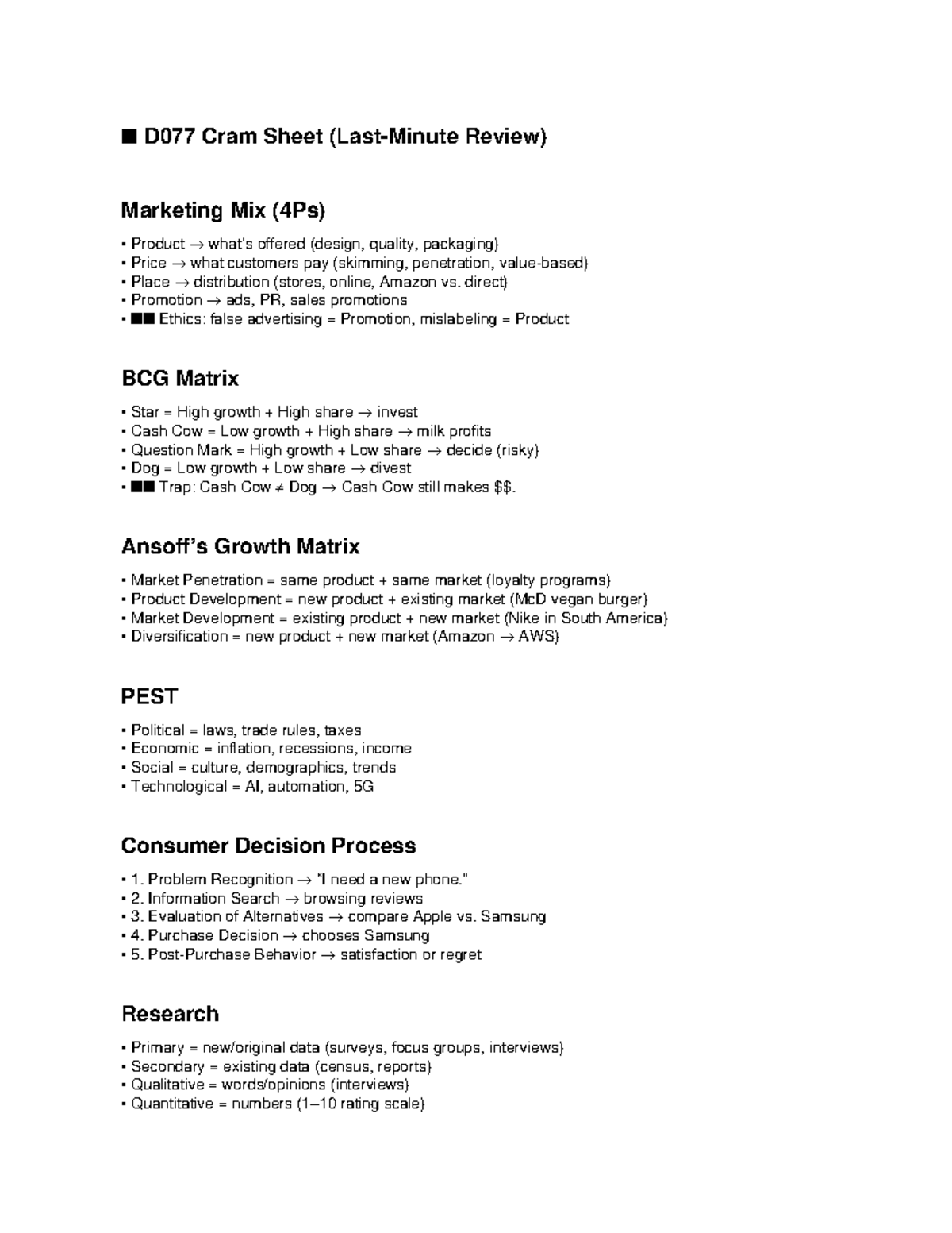 D077 Cram Sheet: Marketing Mix (4Ps) & Consumer Decision Process - Studocu