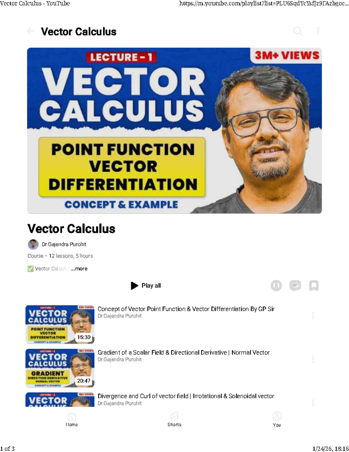 Vector Calculus Lecture Series by Dr. Gajendra Purohit - Studocu