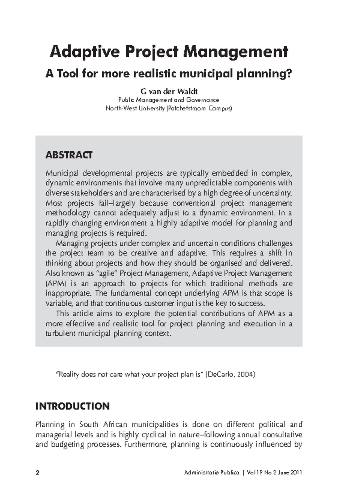 Adaptive Project Management (APM) for Effective Municipal Planning ...