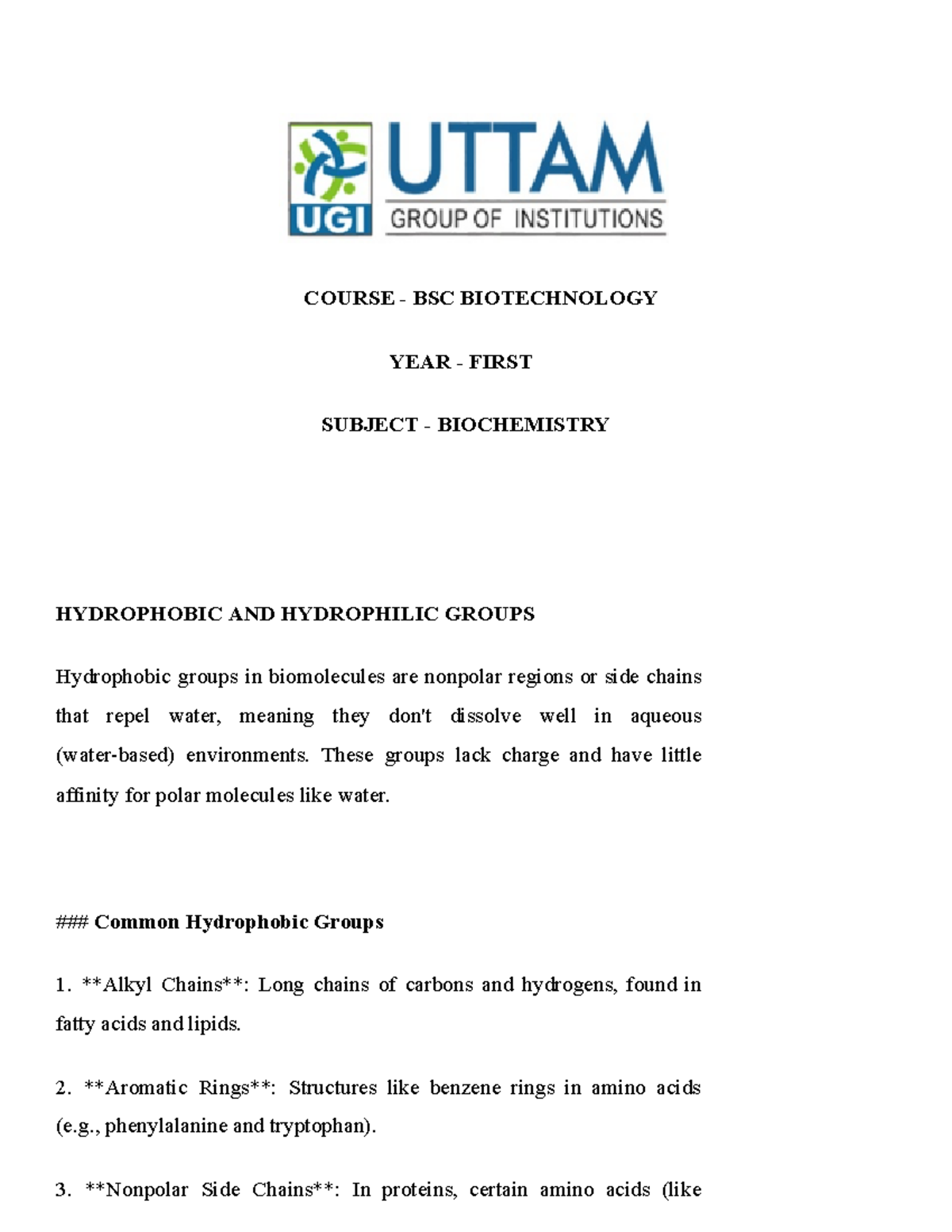 Biochemistry - COURSE - BSC BIOTECHNOLOGY YEAR - FIRST SUBJECT ...
