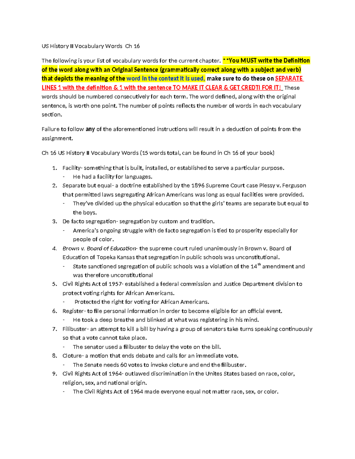 Ch 16 US History II Vocabulary Definitions & Sentences - Studocu