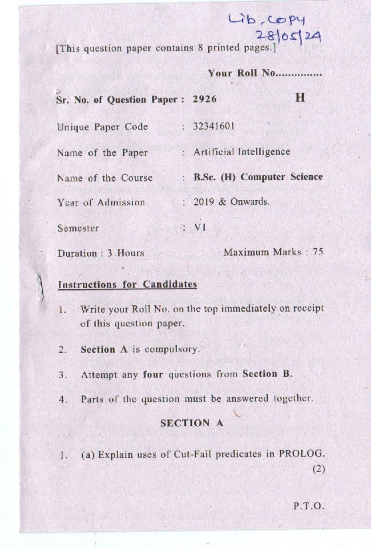 B.Sec. (H) Computer Science VI Sem Final Exam QP - AI 32341601 - Studocu