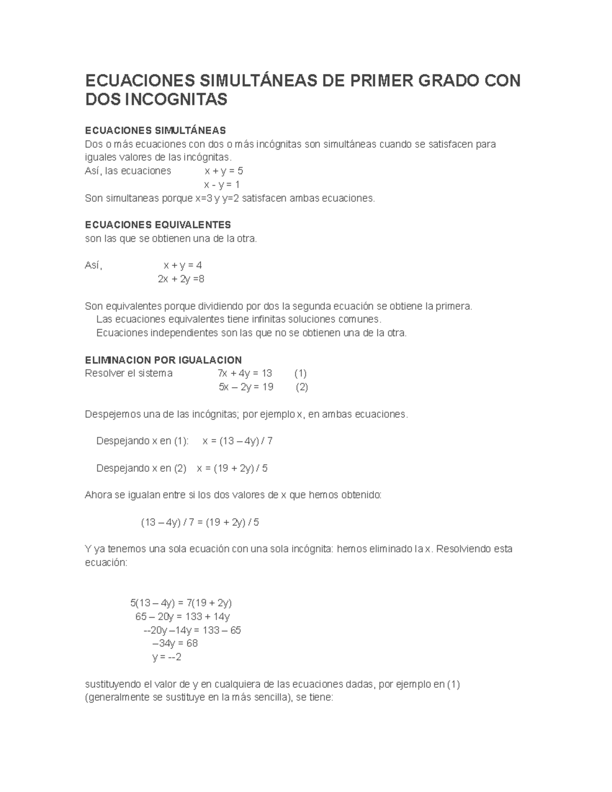 Ecuaciones Simultáneas de 1er Grado con 2 Incógnitas - Guía de Estudio ...