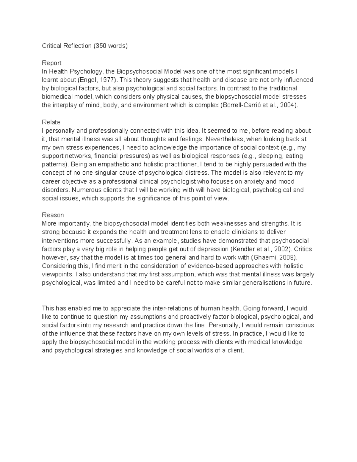 Health Psychology Reflection: The Biopsychosocial Model Insights - Studocu
