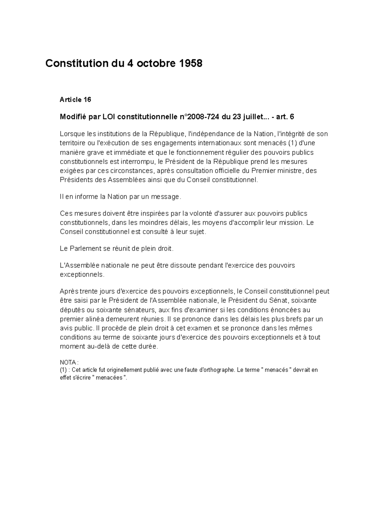 Article 16 constitution 1958 - Constitution du 4 octobre 1958 Article ...