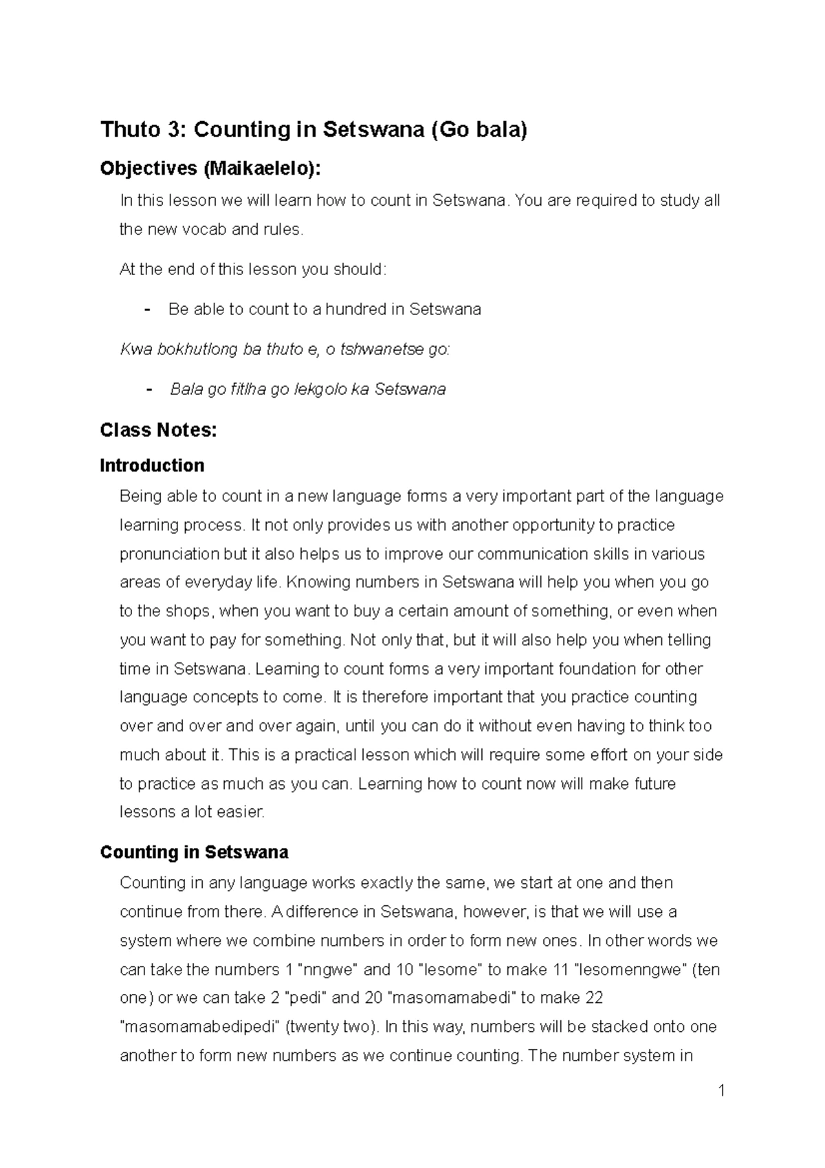 Thuto 1: Setswana Greetings (Ditumediso) Class Notes & Objectives - Studocu