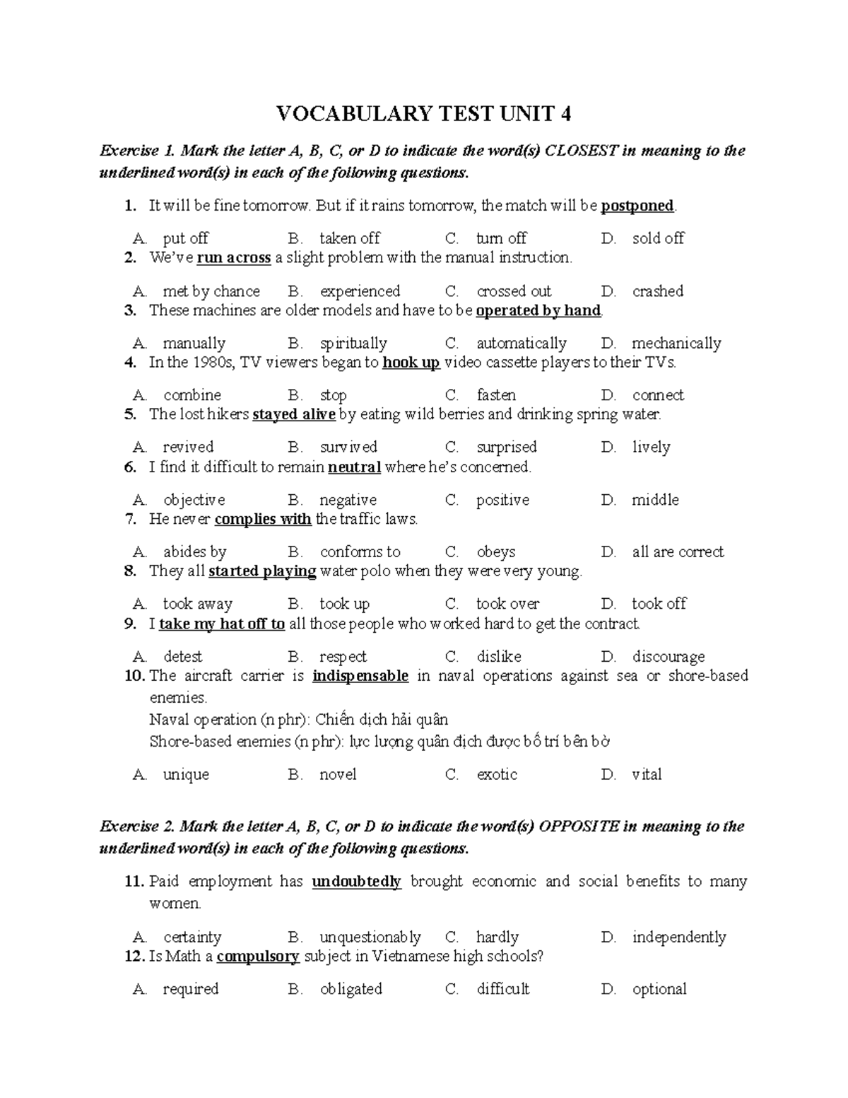 Unit 4 - Vocabulary Test: Synonyms and Antonyms Exercises - Studocu