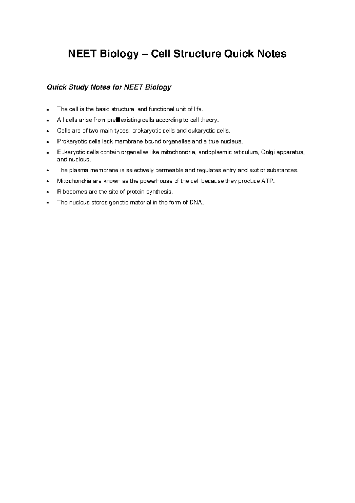 NEET Biology Cell Structure Quick Study Notes - Studocu