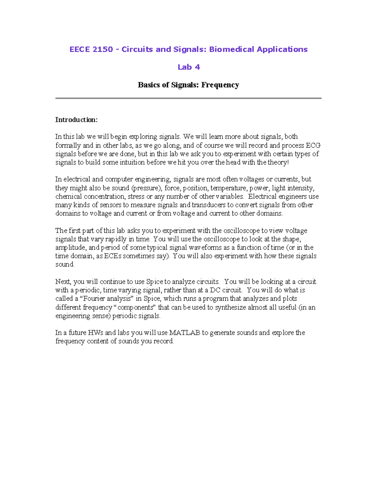 EECE 2150 Lab 4: Introduction to Frequency and Signal Analysis - Studocu