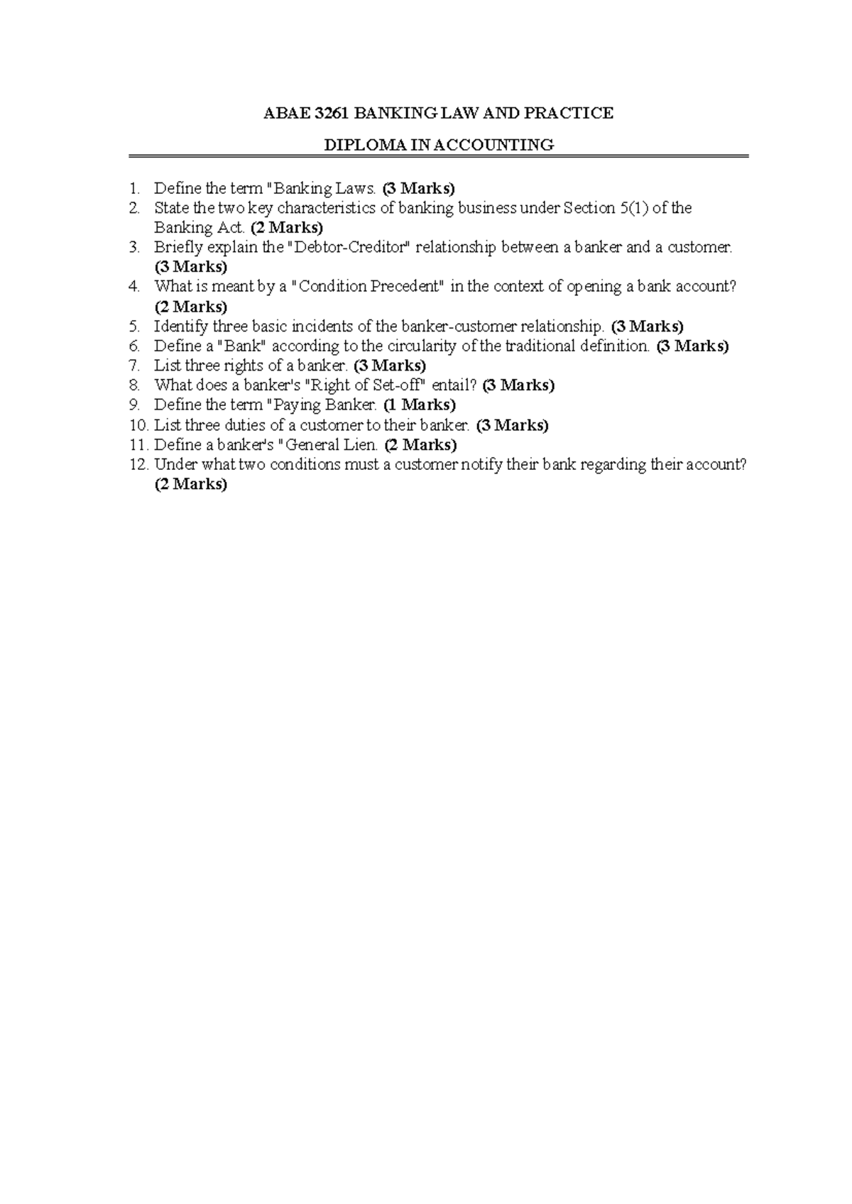 ABAE 3261 Banking Law and Practice CAT Notes - Studocu