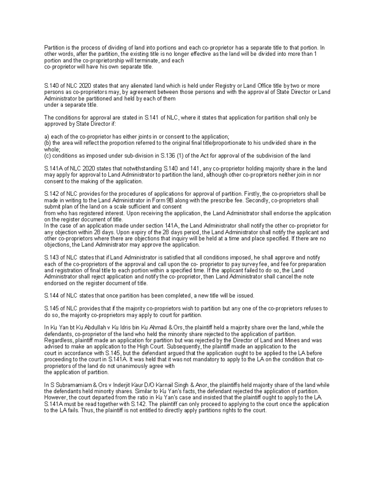 NLC 2020: Partition Process and Legal Implications Notes - Studocu
