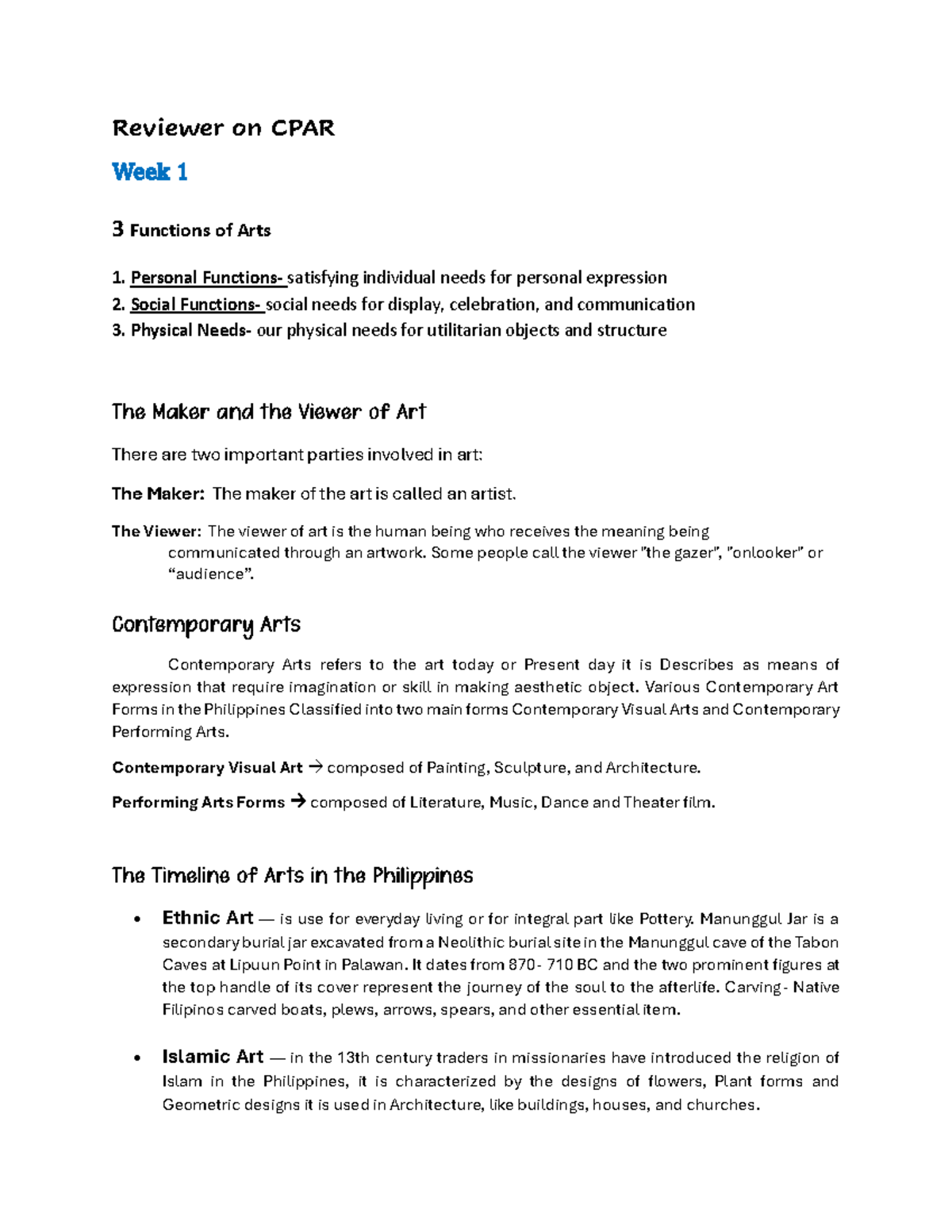 CPAR Reviewer: Exploring Functions and Forms of Contemporary Arts - Studocu