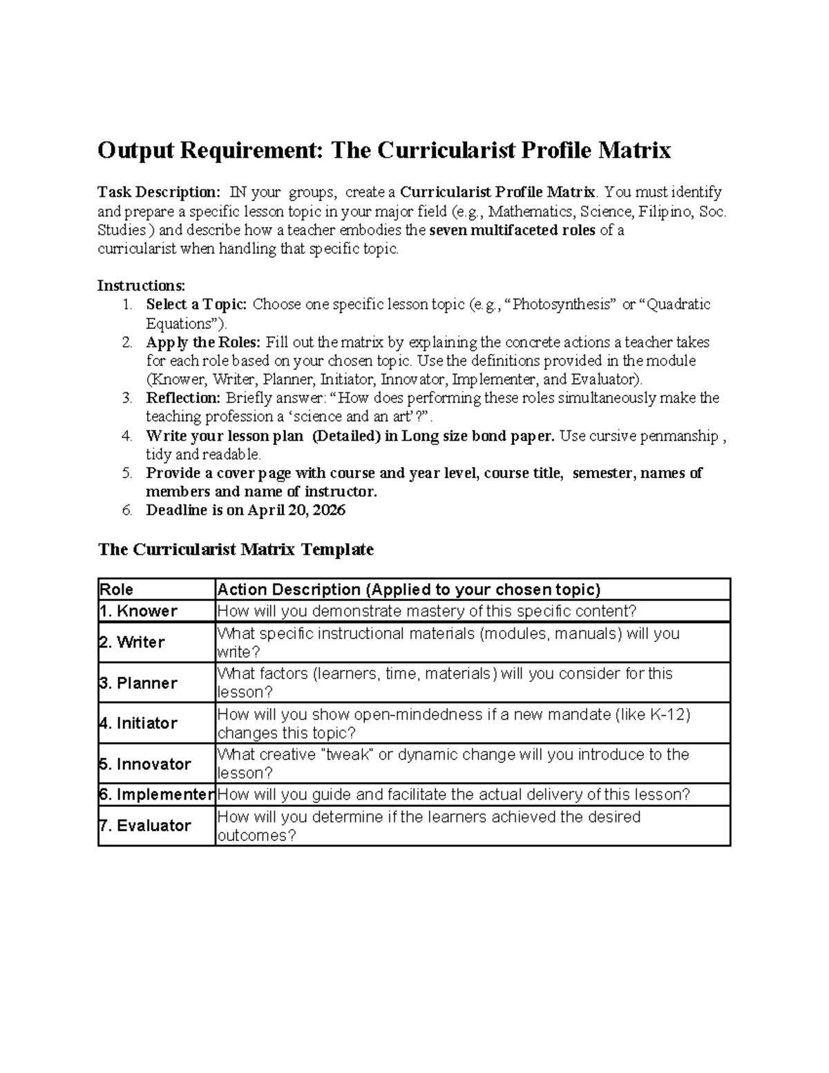 Curricularist Profile Matrix Task: Lesson Planning & Roles Analysis ...