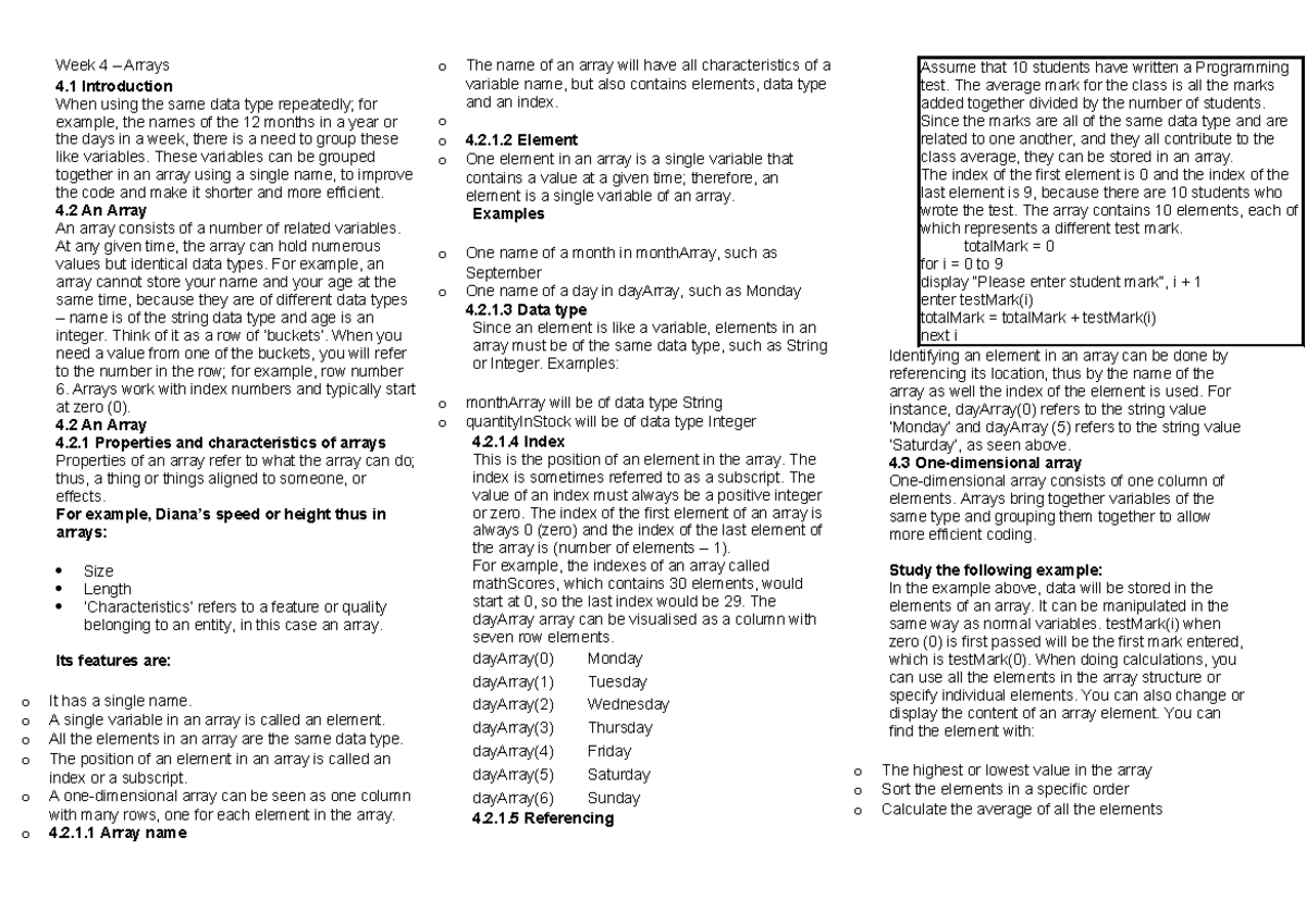 ITPLA Notes: Weeks 4 to 7 - Arrays, Modularization & Files - Studocu