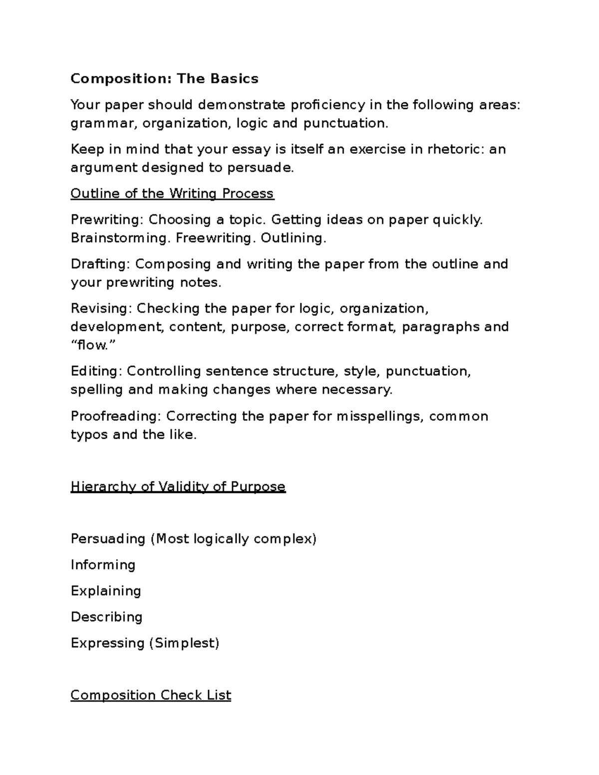 Composition 101: Essay Writing Process & Checklist - Studocu