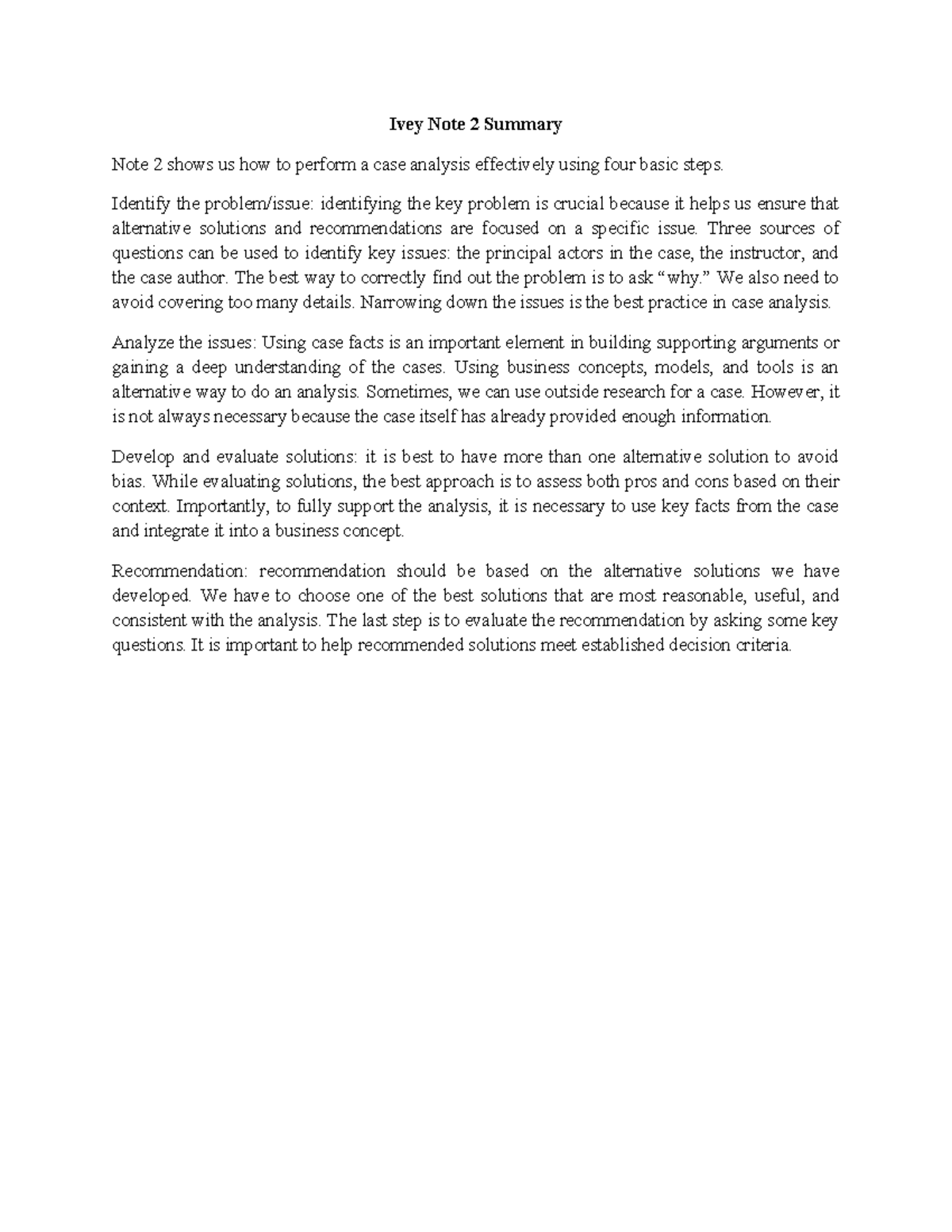 Ivey Note 2: Effective Case Analysis Strategy Summary - Studocu