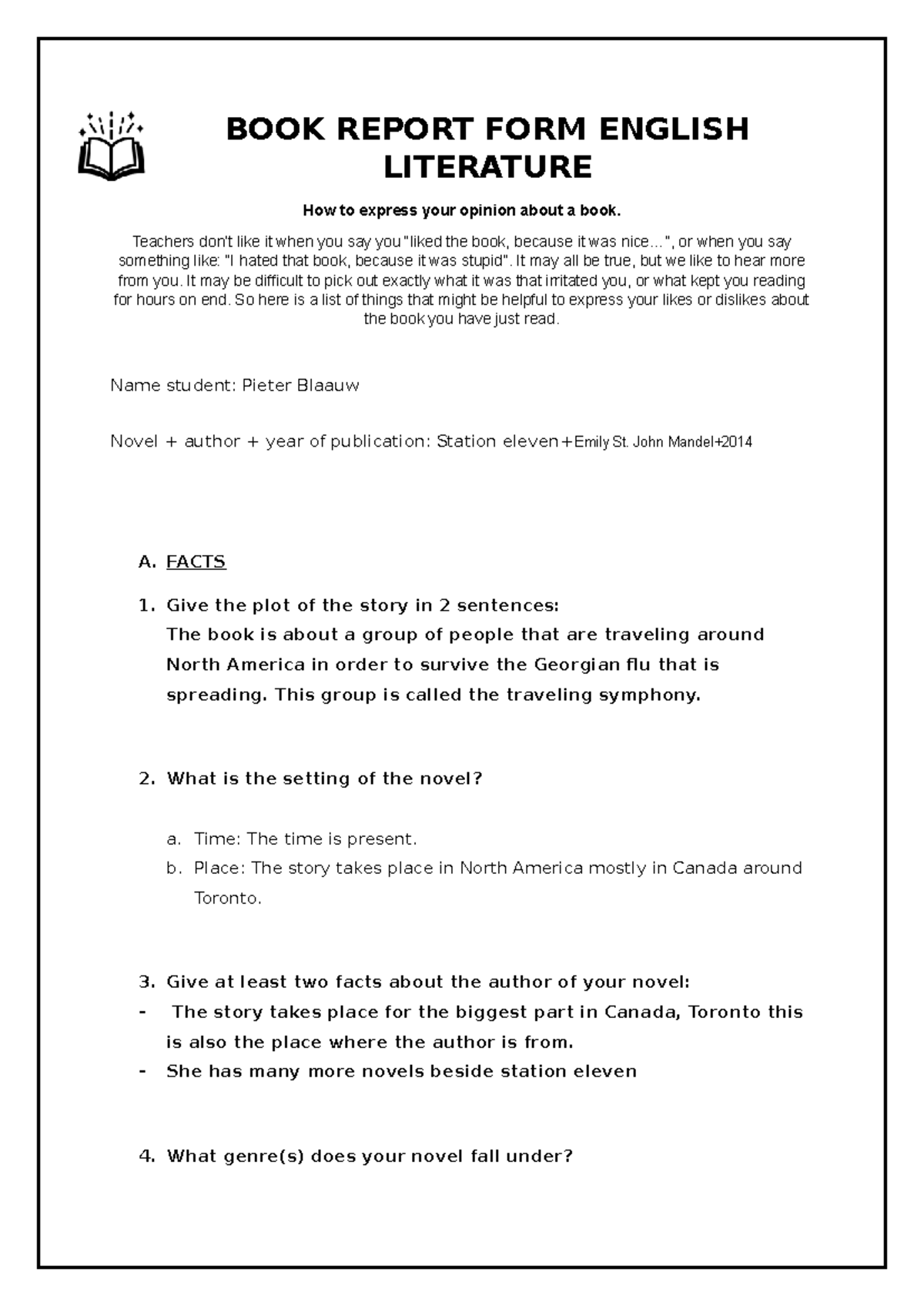 BOOK REPORT FORM ENGL 101: Analyzing "Station Eleven" by Emily St. John ...