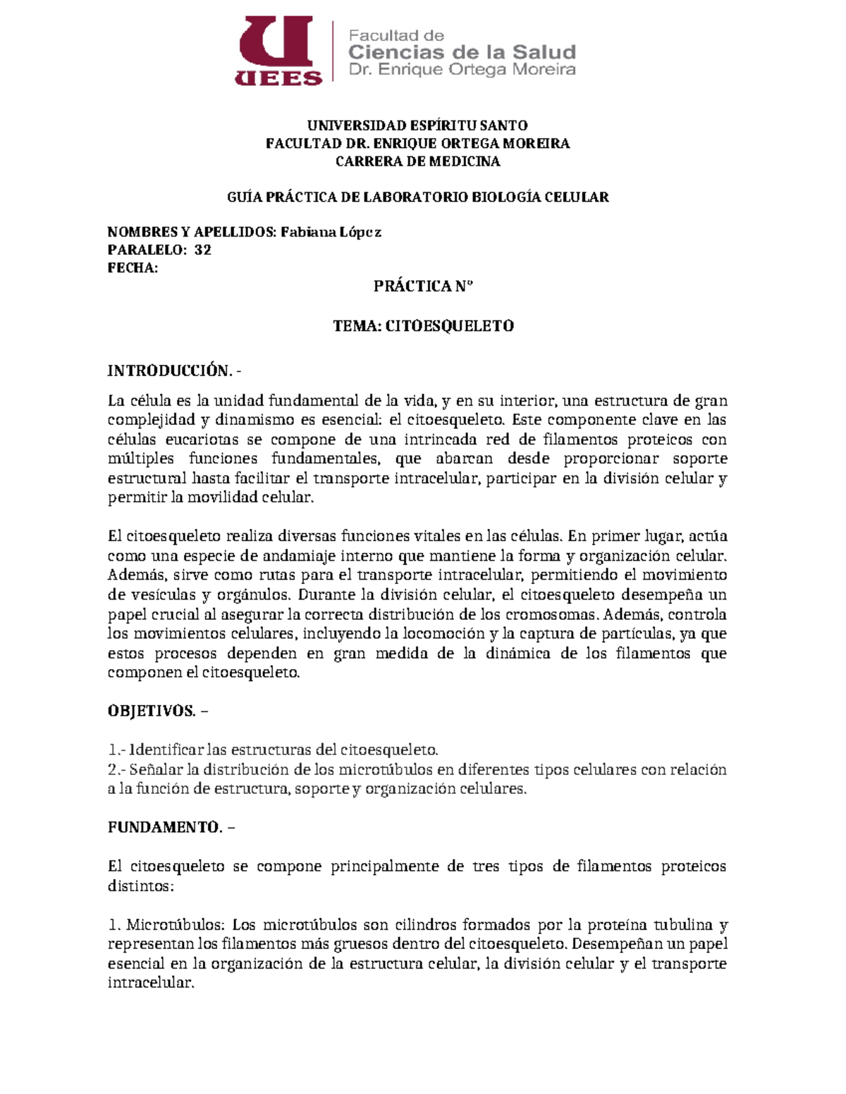 Guía Práctica de Laboratorio: Citoesqueleto en Biología Celular - MED 32 - Studocu