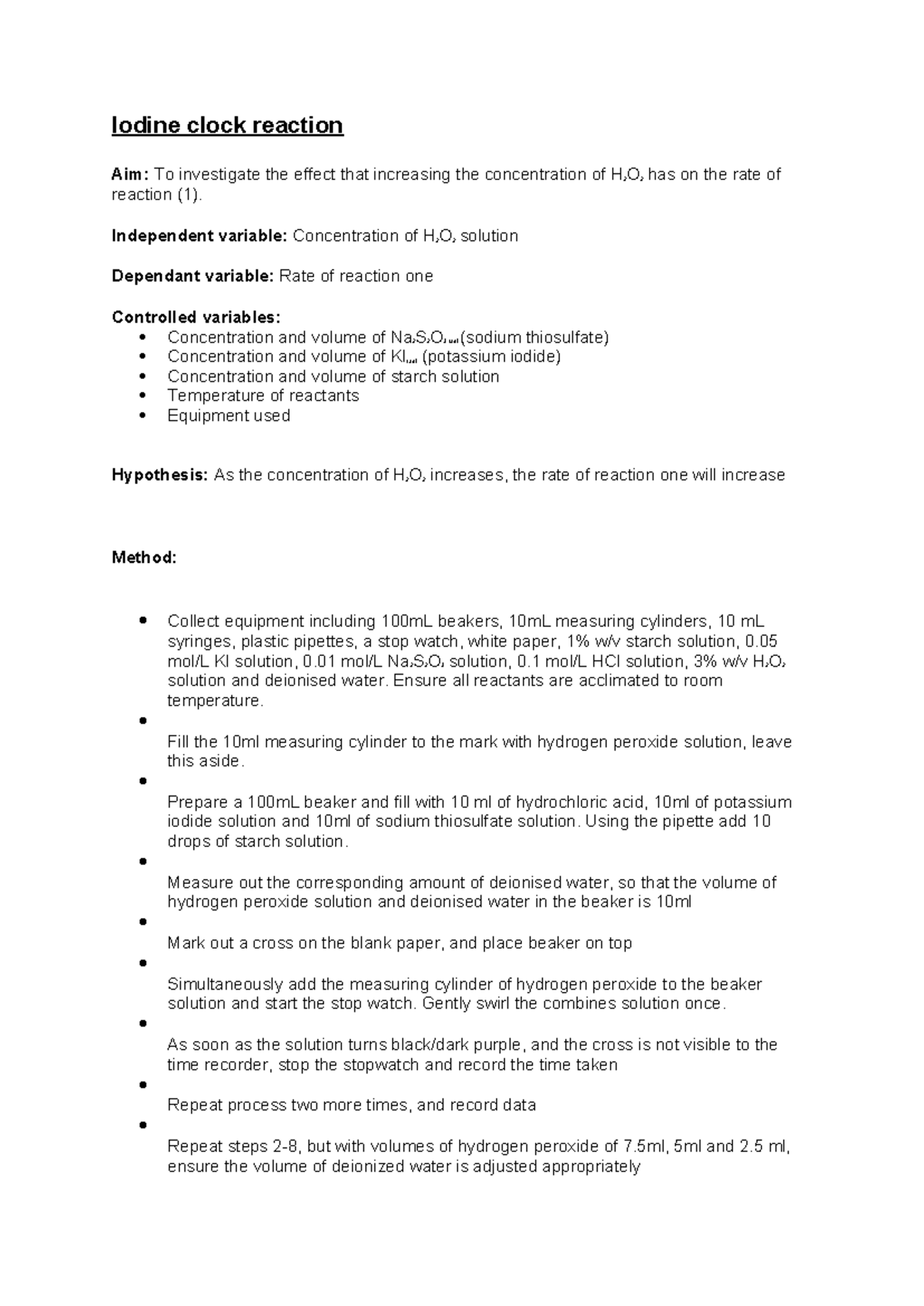 Iodine Clock Reaction Lab: Effect of H₂O₂ Concentration on Reaction ...
