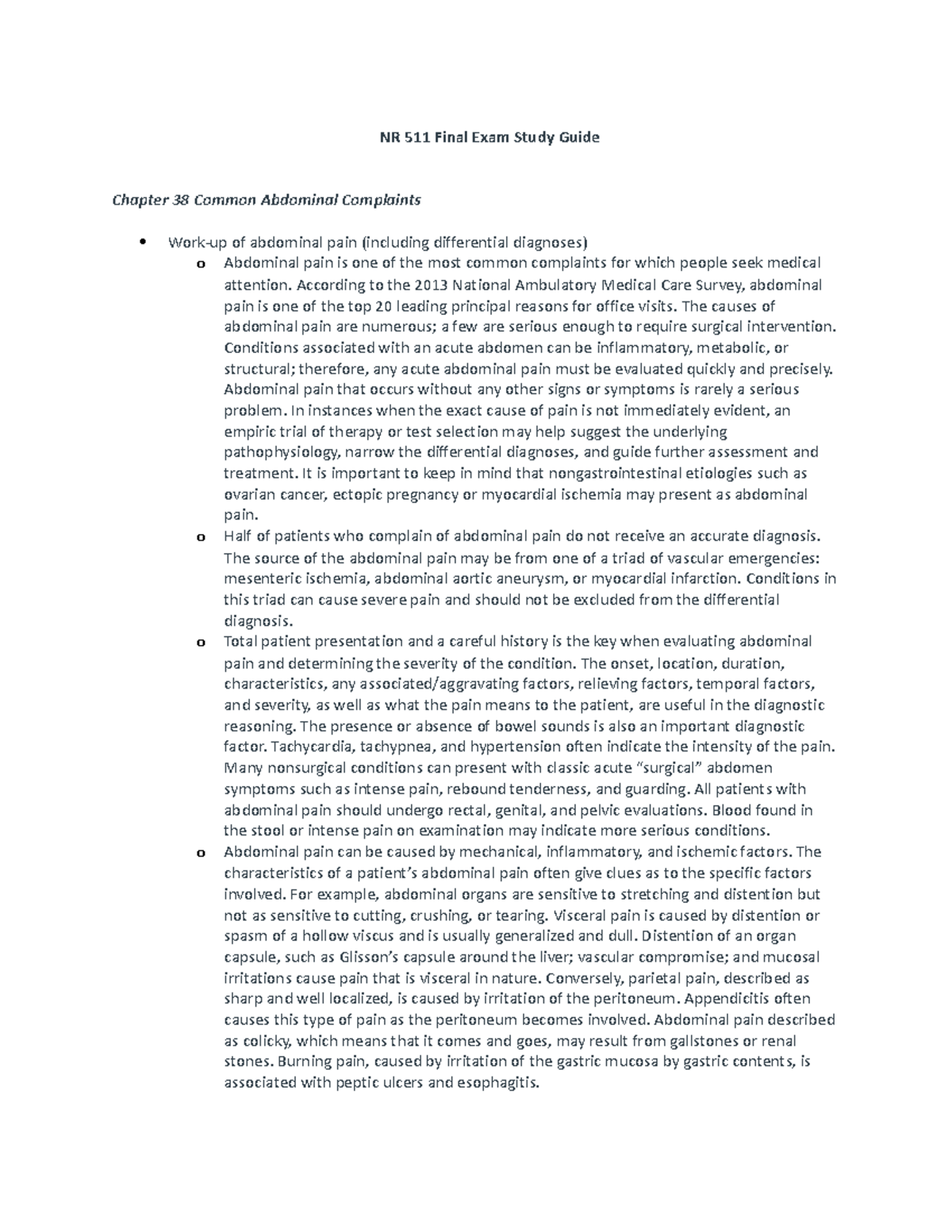 NR511 Final Exam Study Guide: Abdominal Complaints & Management - Studocu
