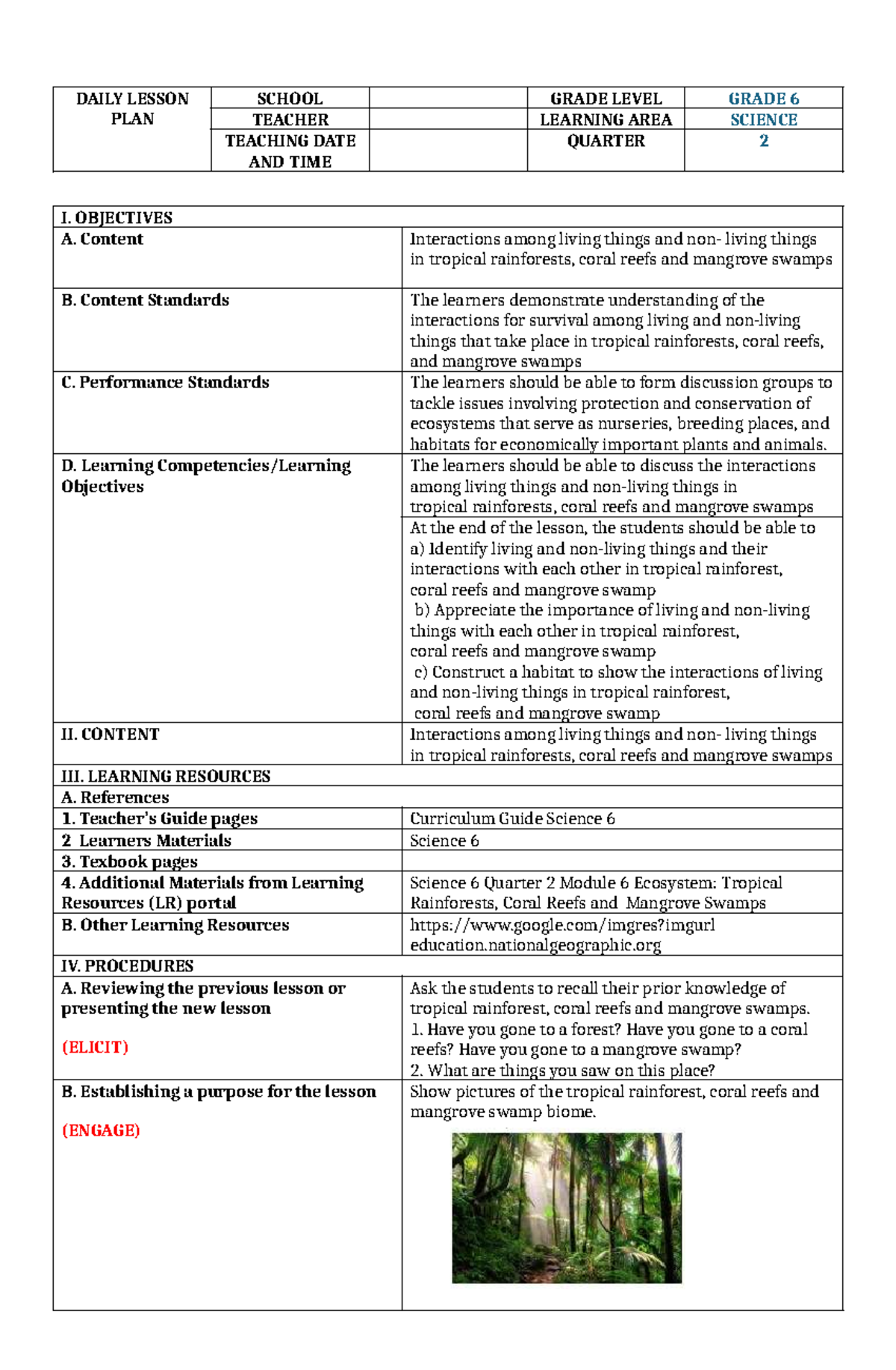 Lesson Plan: Interactions in Ecosystems (Grade 6 Science, Quarter 2 ...