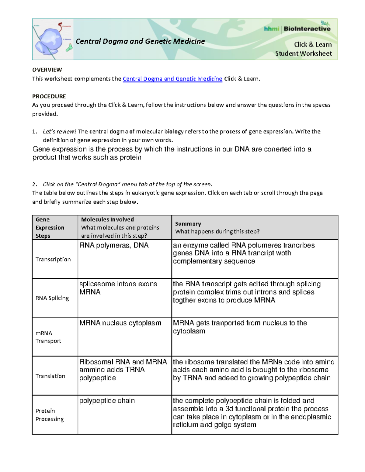 BSC109 - Week 5 Central Dogma Lab Worksheet - Click & Learn Student ...