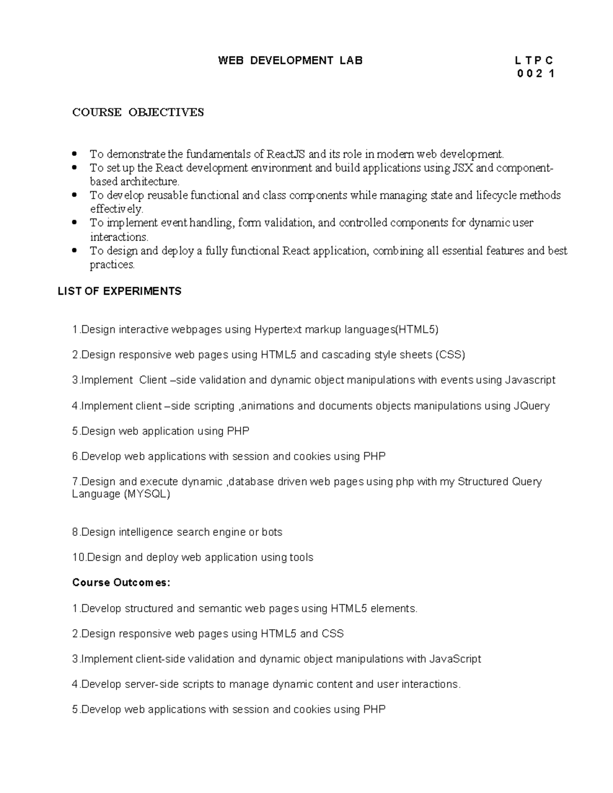 WEB DEVELOPMENT LAB LTPC 002 - EXPERIMENTS & OBJECTIVES - Studocu