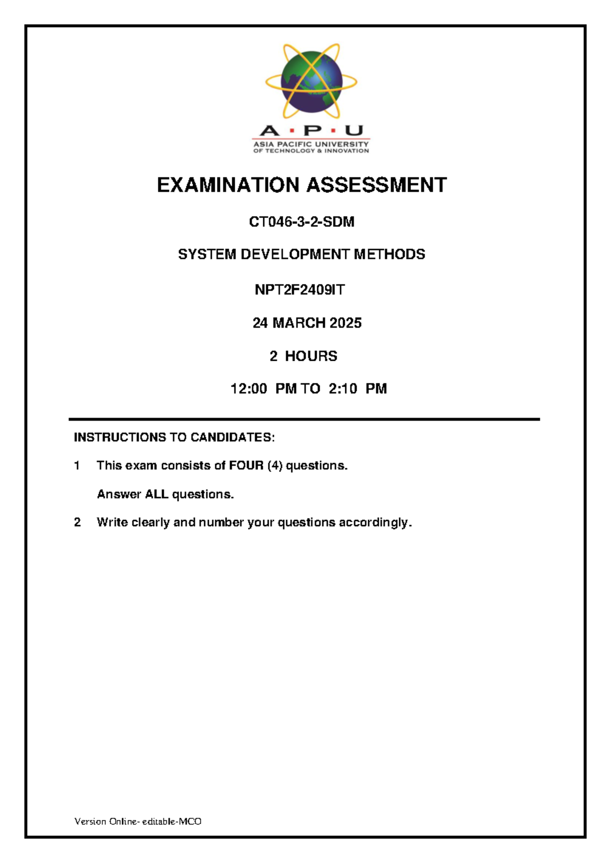 Final Exam: Systems Development Methods NPT2F2409IT - 24 March 2025 ...
