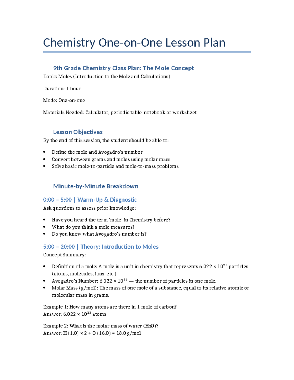 9th Grade Chemistry Lesson Plan: Understanding Moles and Calculations ...