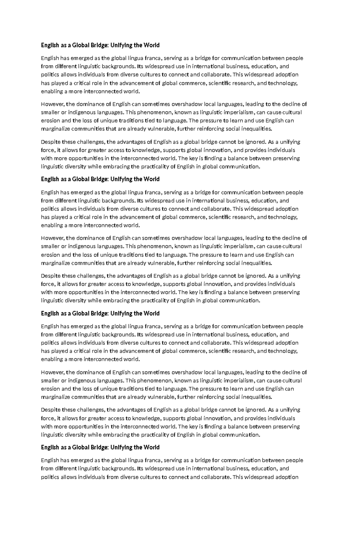 English as a Global Bridge Unifying the World - Its widespread use in ...