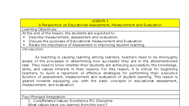 EDUCATIONAL ASSESSMENT & EVALUATION: LESSON 1 (Module 1) - Studocu