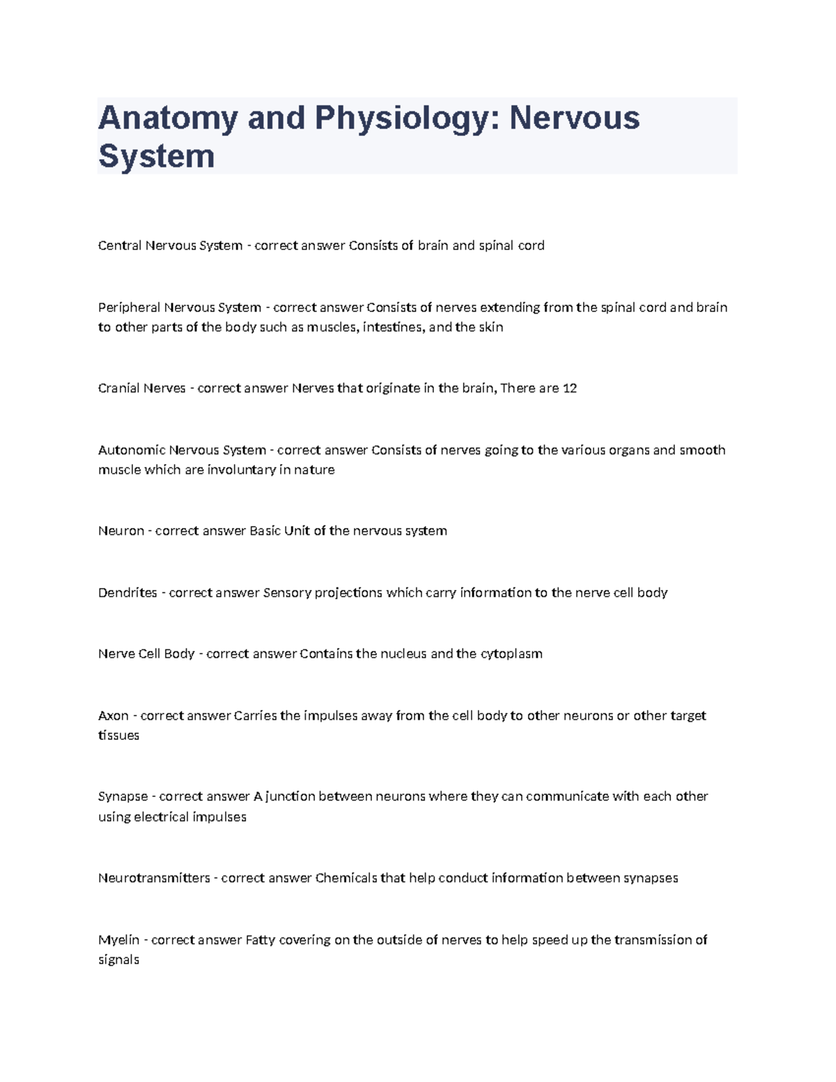 Anatomy and Physiology: Nervous System Overview and Key Concepts - Studocu
