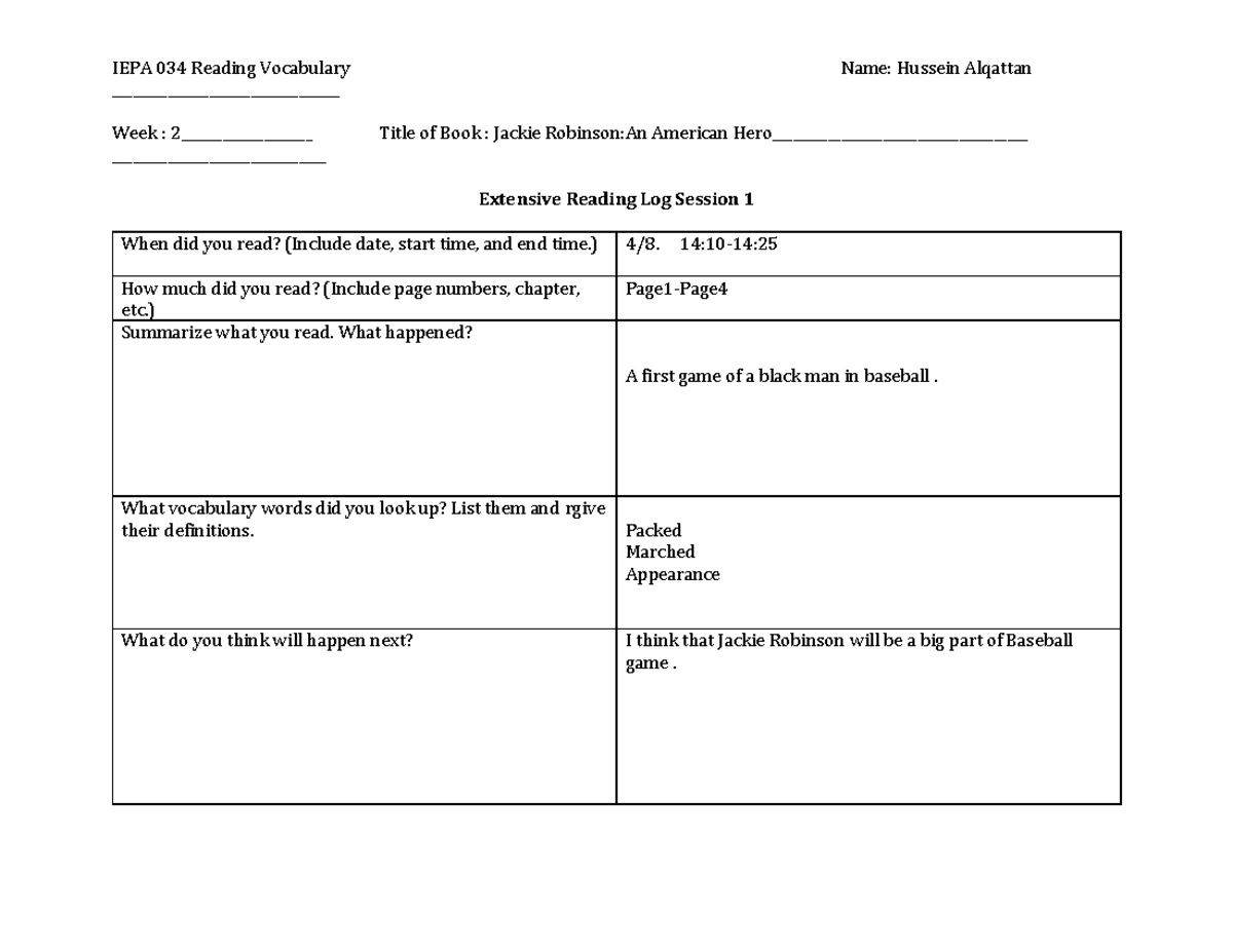 IEPA 034 Extensive Reading Log: Jackie Robinson Sessions 1 & 2 - Studocu