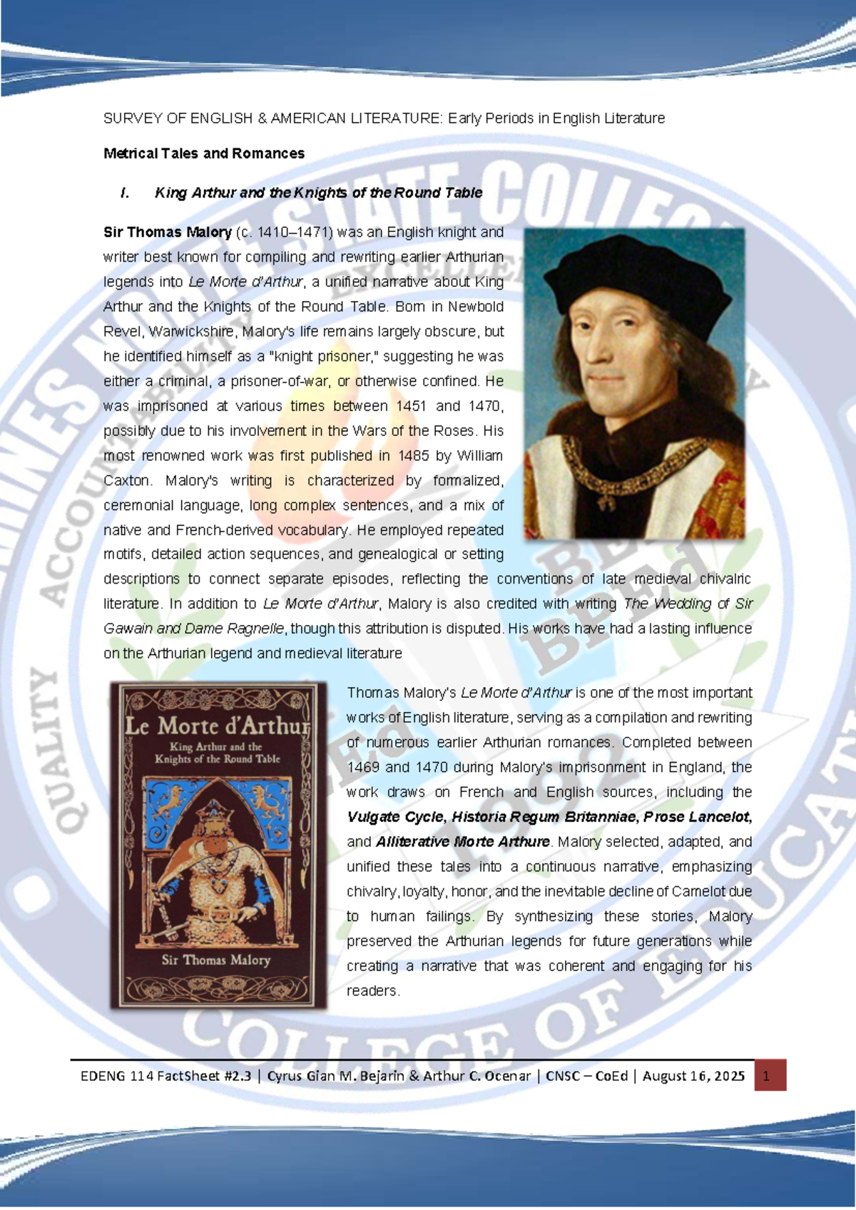 EDENG 114 FactSheet: Overview of Early English Literature and Key Works ...