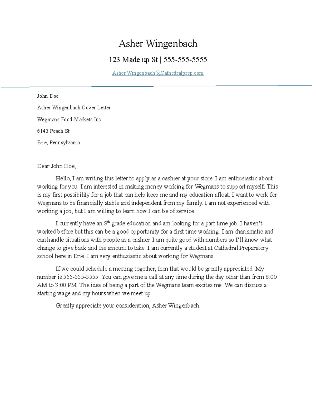 Cover Letter for Cashier Position at Wegmans - Essay Notes - Studocu