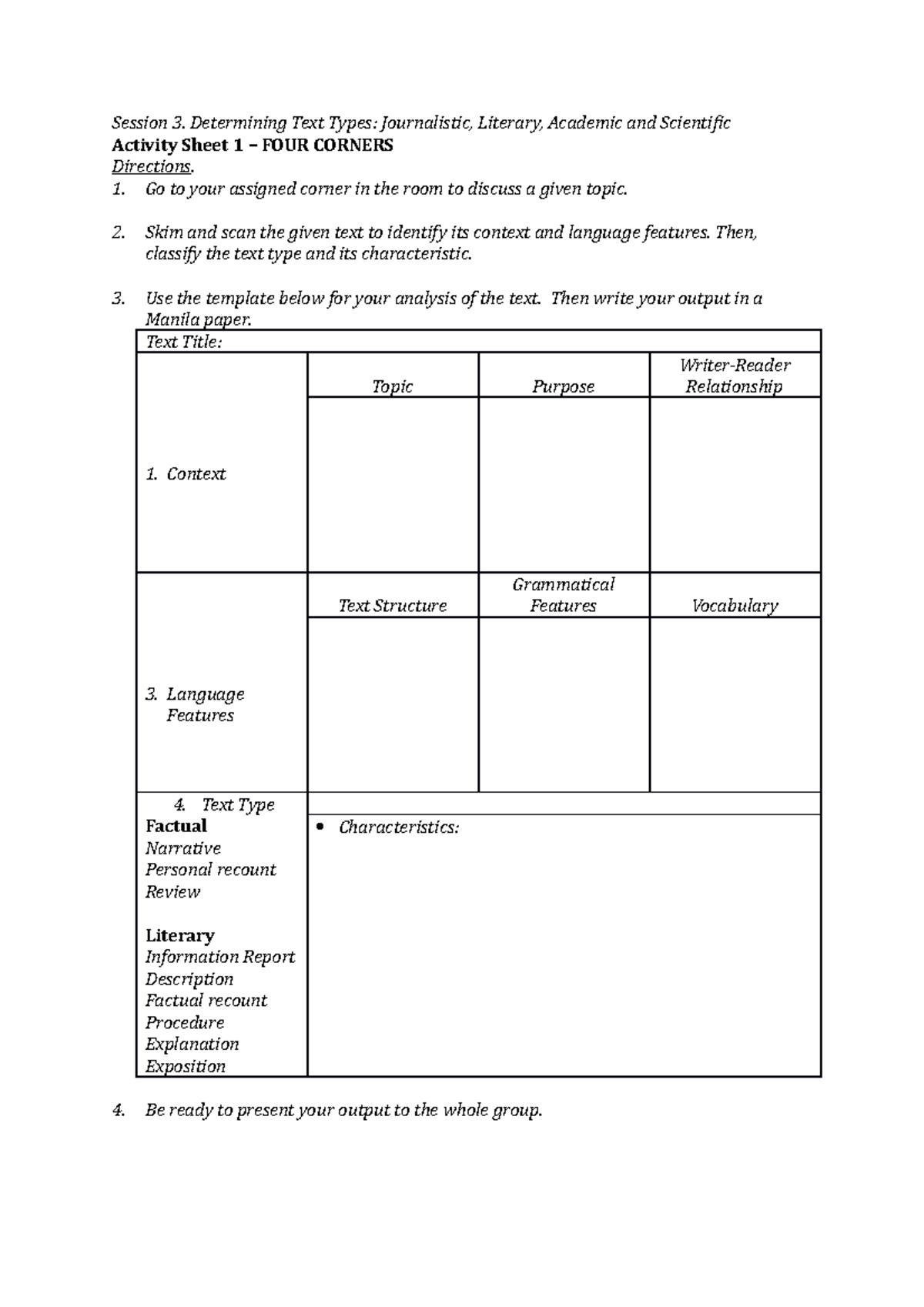 Activity Sheets Session 3 Text Types - Session 3. Determining Text ...
