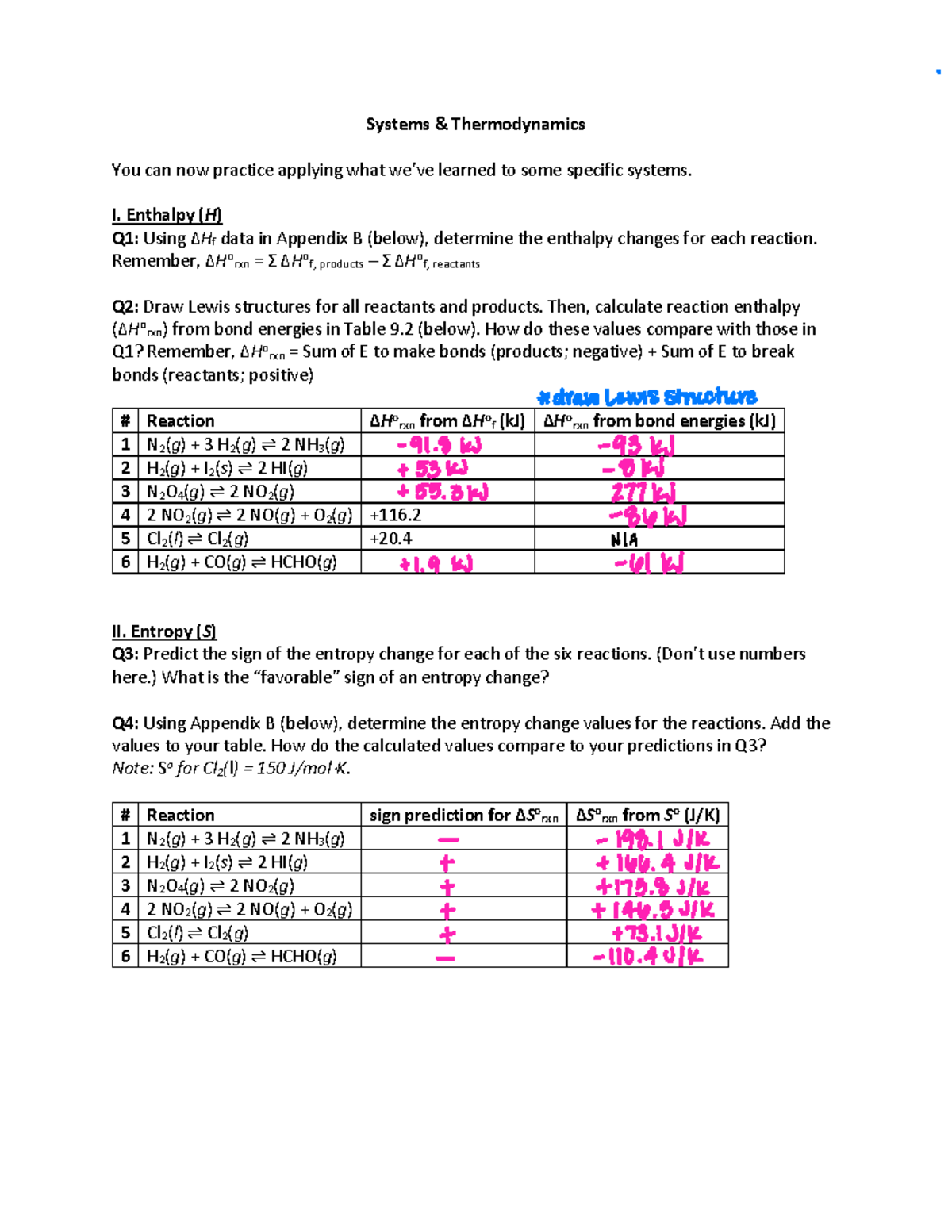 CHEM1061 Worksheet 5: Enthalpy & Entropy in Thermodynamic Systems - Studocu