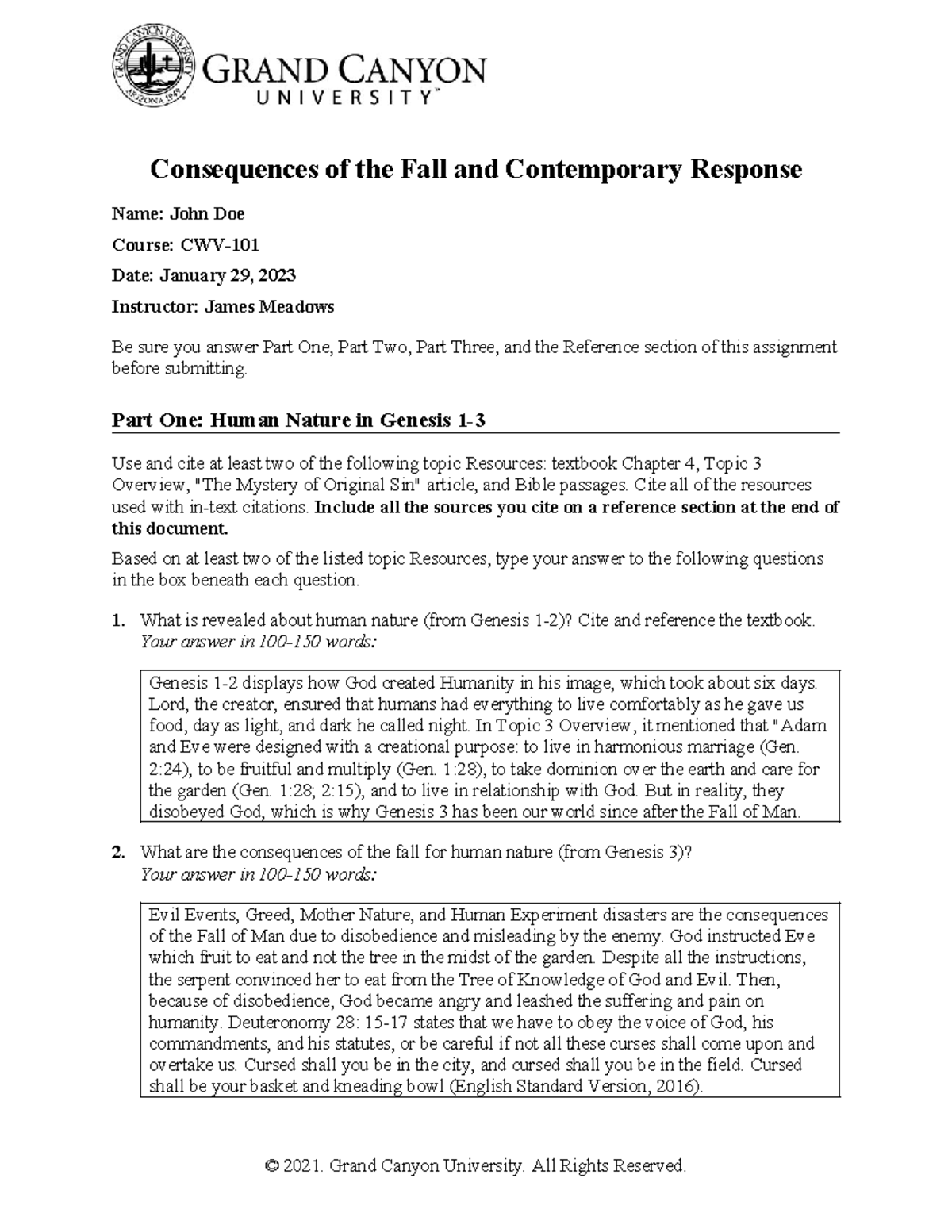 CWV 101 301 RS T3: Consequences of the Fall and Human Response - Studocu