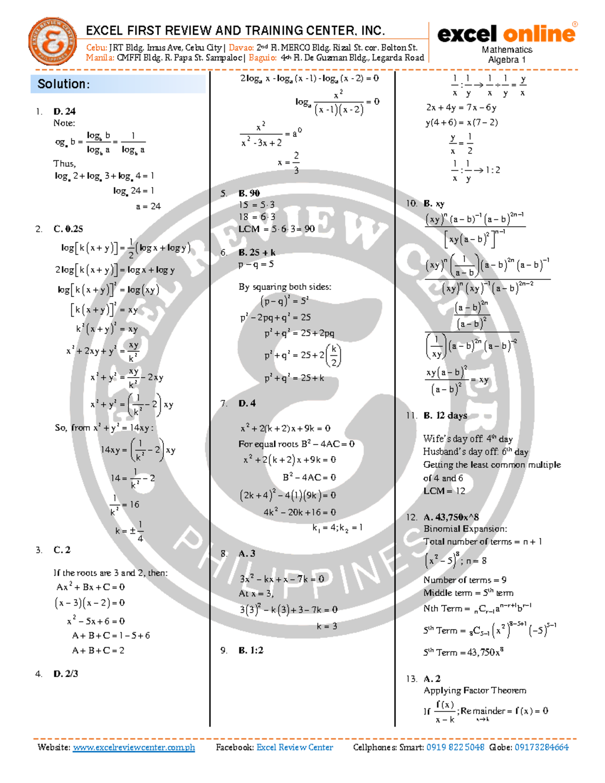 Math 01 Algebra 1 Solutions and Detailed Explanations - Studocu