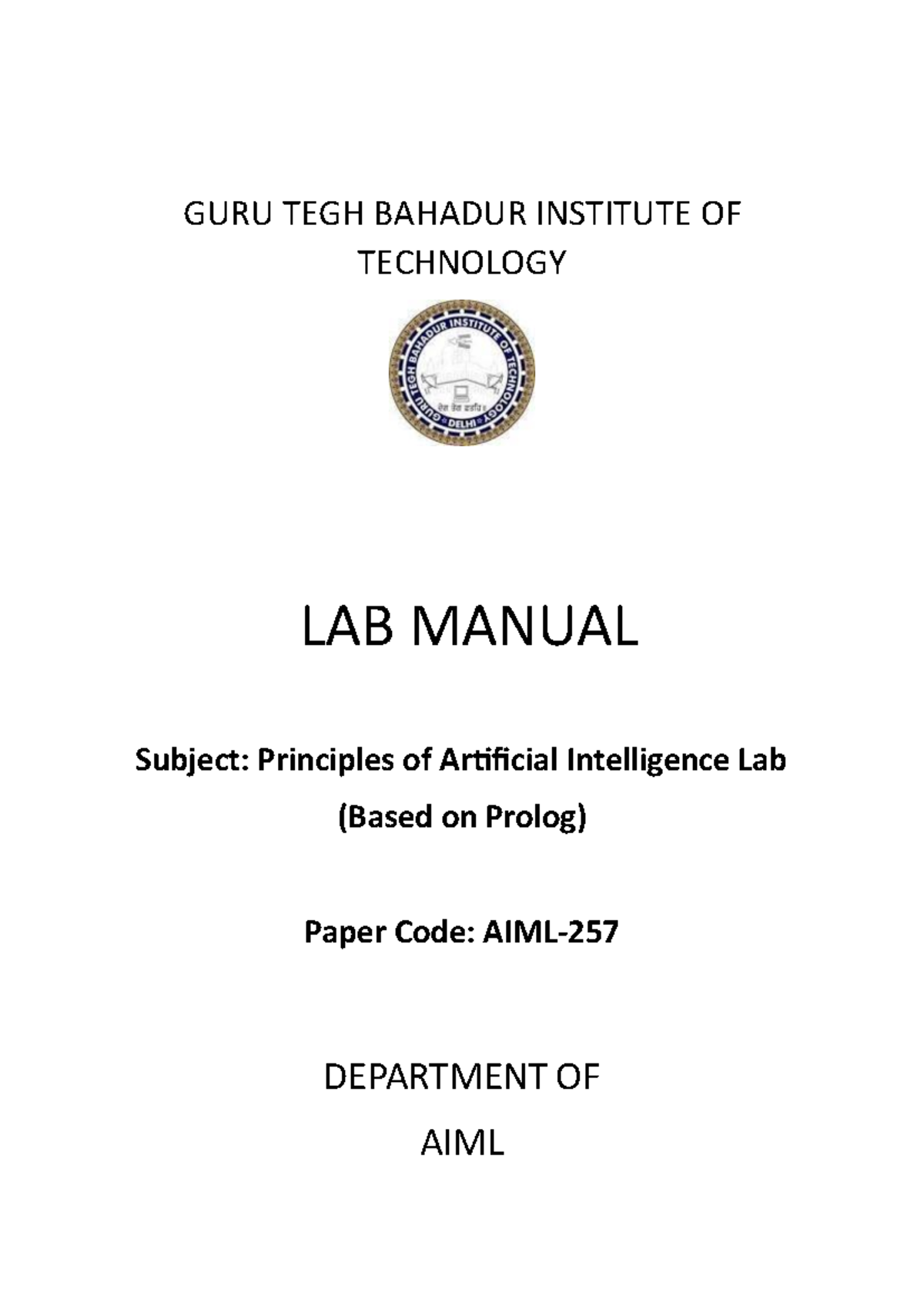 AIML-257 Prolog Lab Manual: Principles of AI and Programming Concepts - Studocu