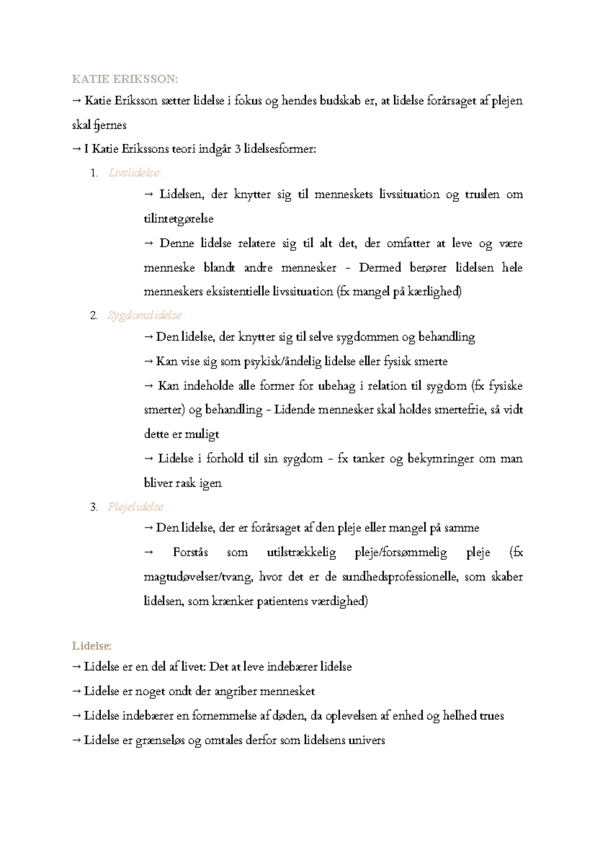 Katie Eriksson: Lidelse i Fokus - Teori og Pleje Noter - Studocu